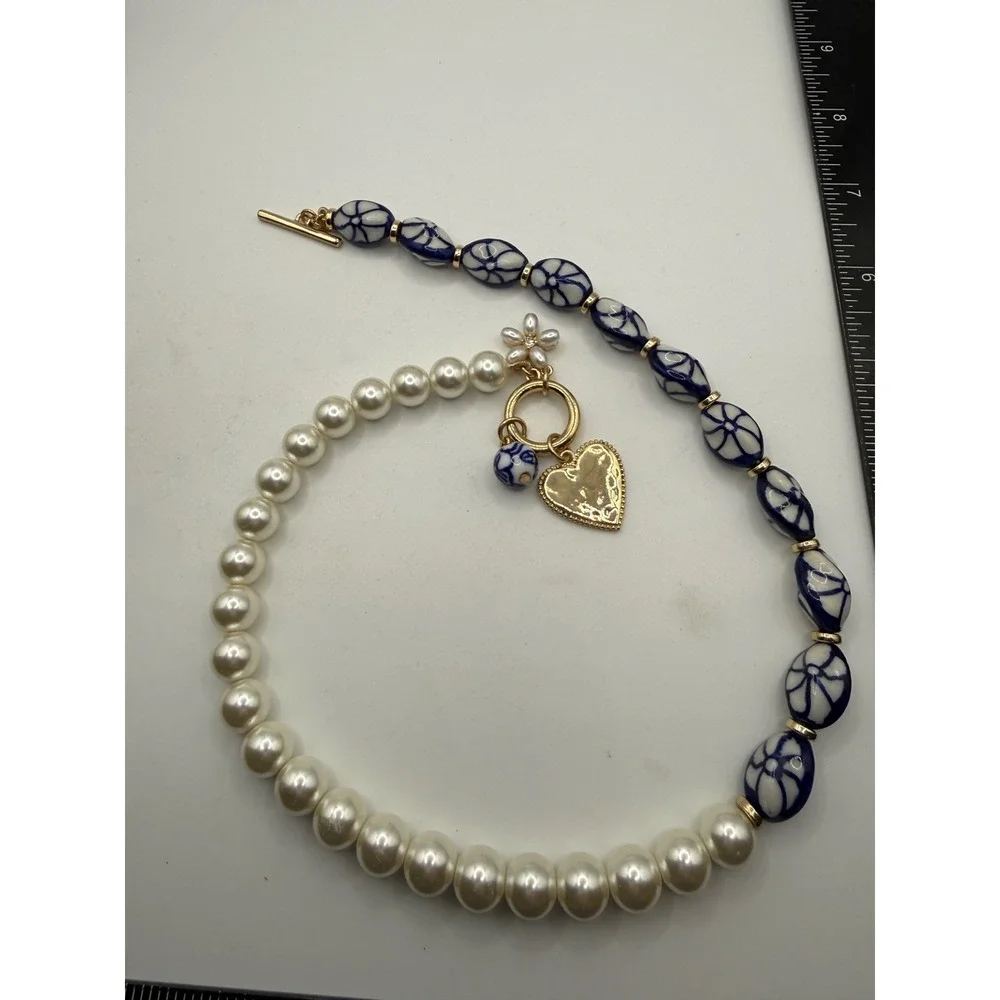 Jewelry | Blue White Floral Ceramic Pearl Heart Charm Toggle Necklace ...